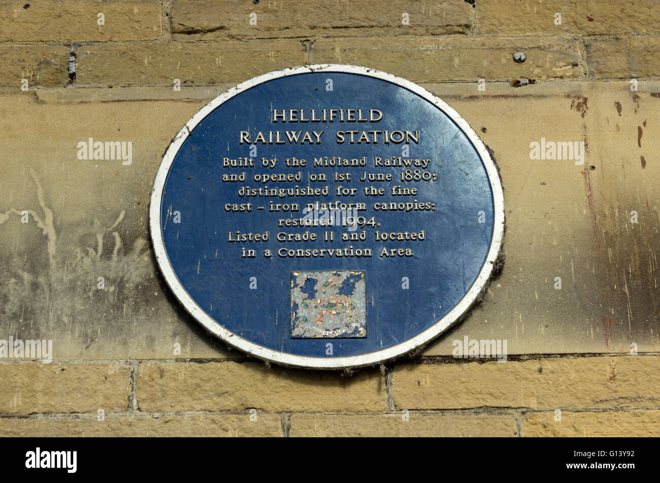 Hellifield Railway Station blue plaque Stock Photo - Alamy