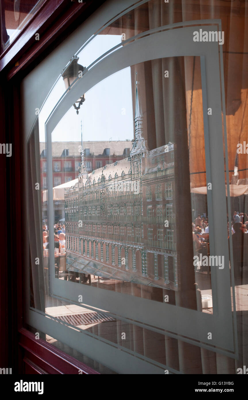 Detail of Main Square reflected on shop window. Madrid, Spain Stock ...