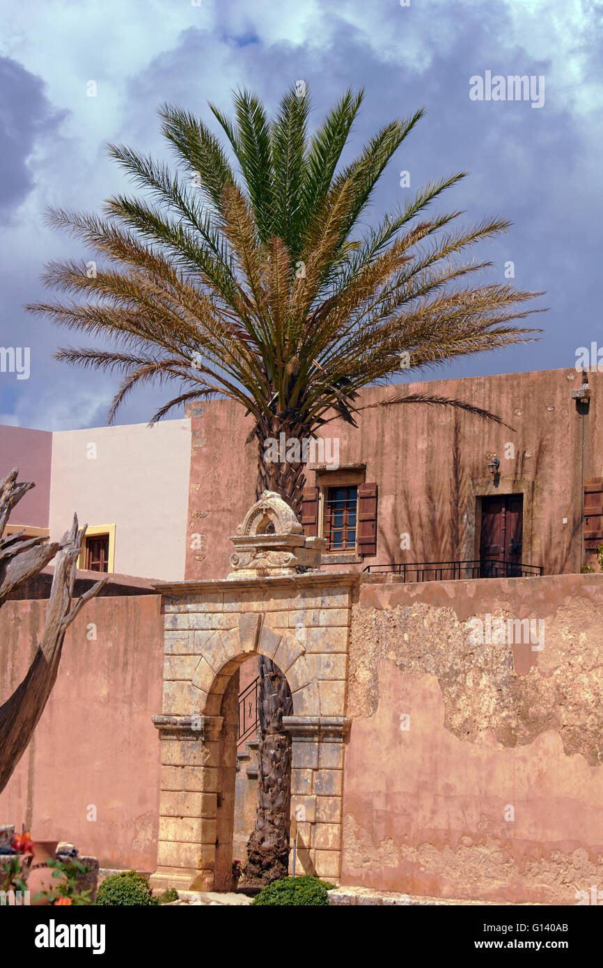 Palm tree in the courtyard of an Orthodox monastery in Greece Stock ...