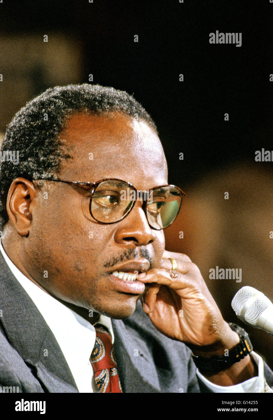 Judge Clarence Thomas testifies during the hearing before the US Senate ...