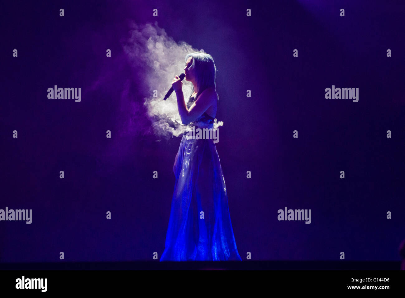 Stockholm, Sweden. 7th May. Singer Rykka from Switzerland is rehearsing ...