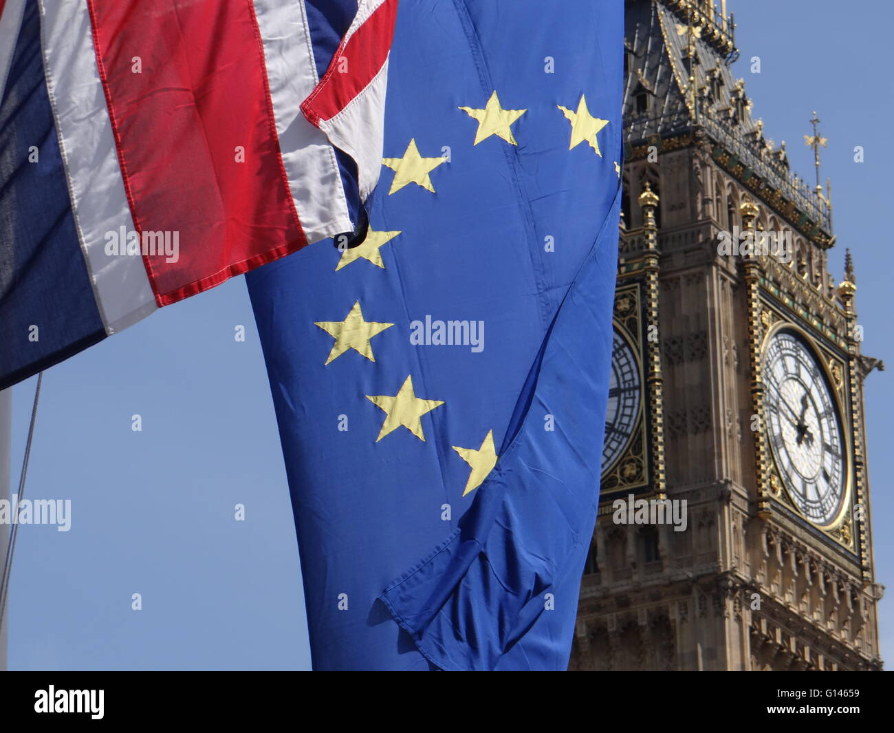 London, UK. 8th May, 2016. UK and EU flags in front of Big-Ben ...