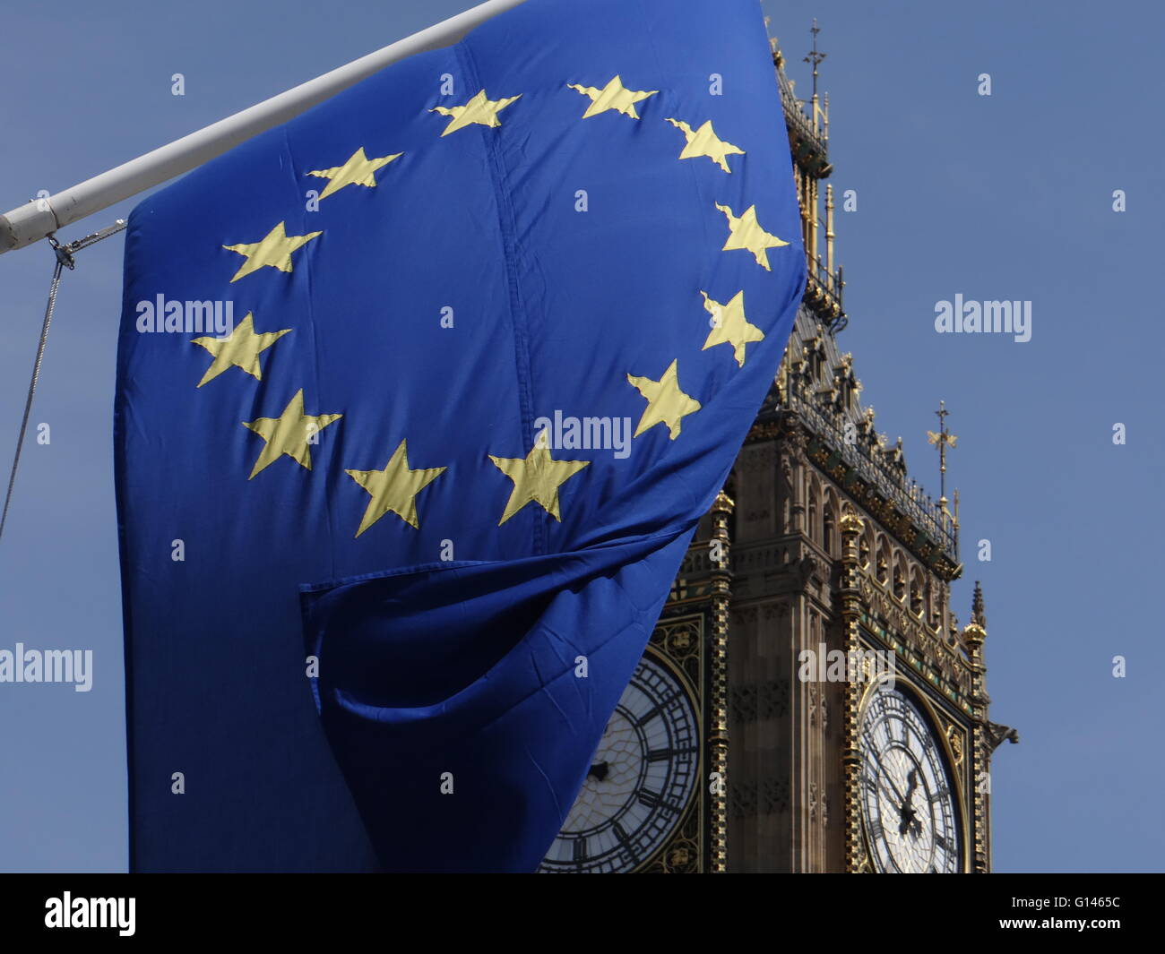 London, UK. 8th May, 2016. UK and EU flags in front of Big-Ben ...