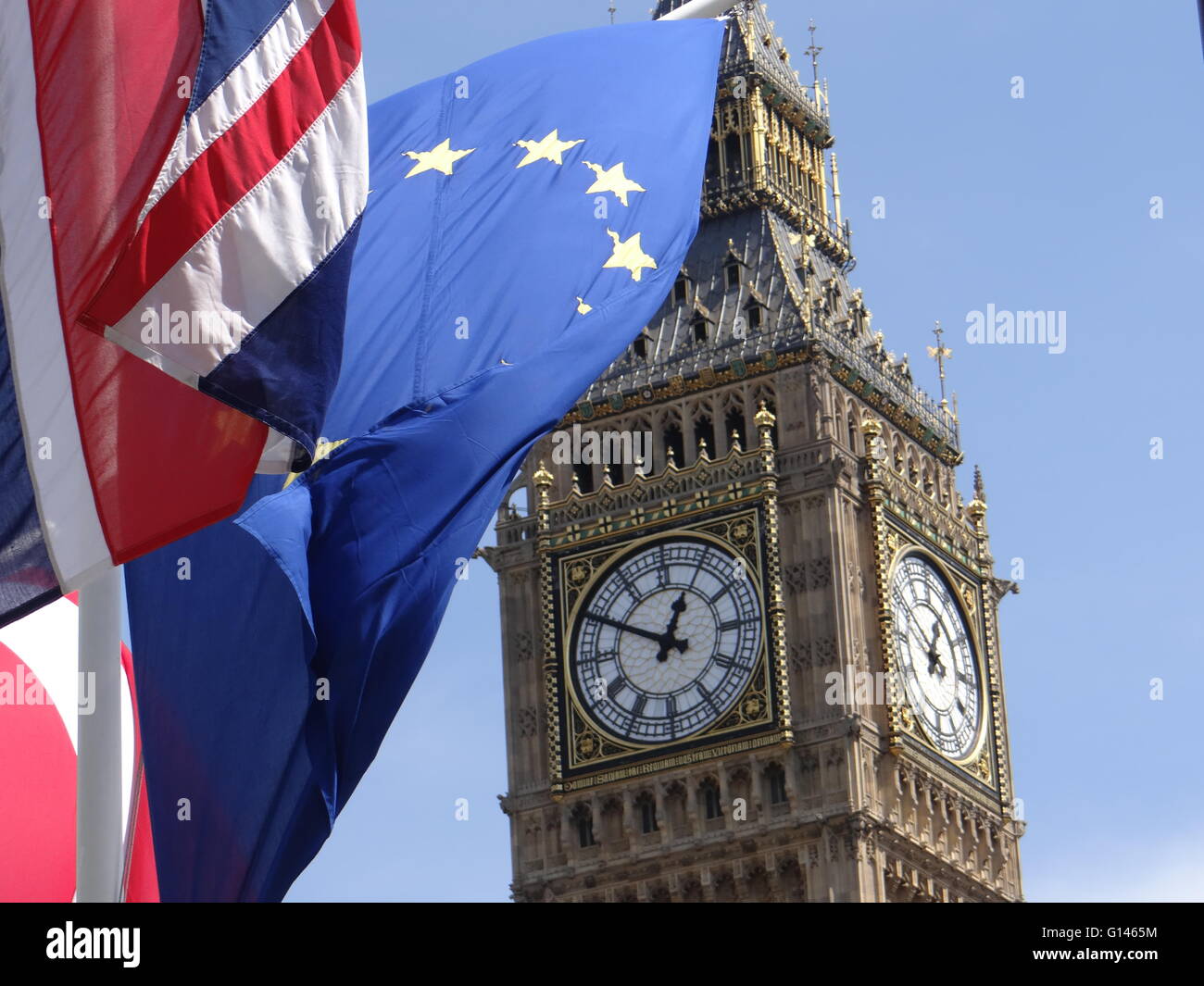 London, UK. 8th May, 2016. UK and EU flags in front of Big-Ben ...