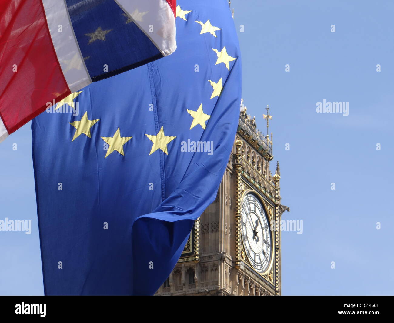 London, UK. 8th May, 2016. UK and EU flags in front of Big-Ben ...
