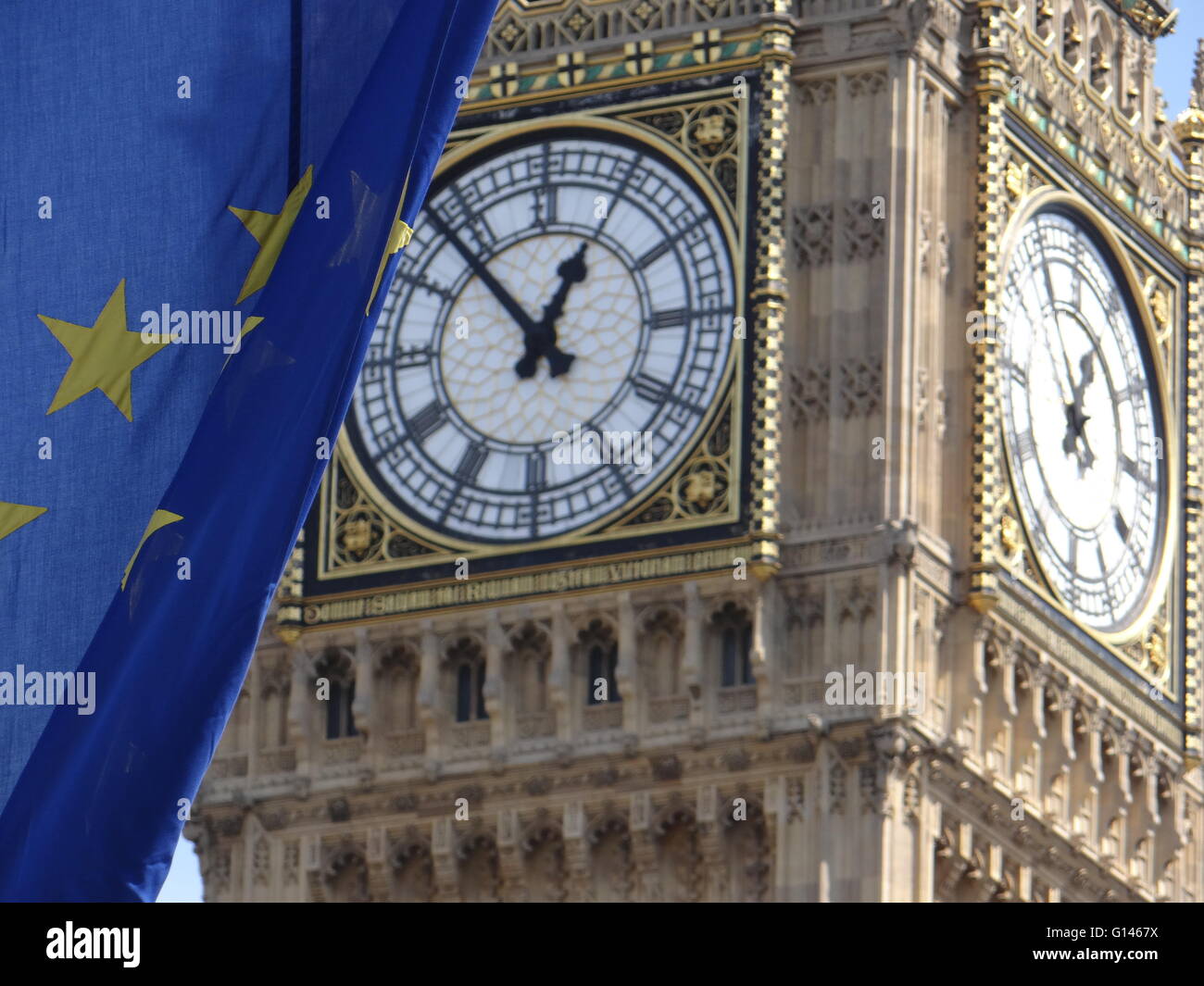 London, UK. 8th May, 2016. UK and EU flags in front of Big-Ben ...