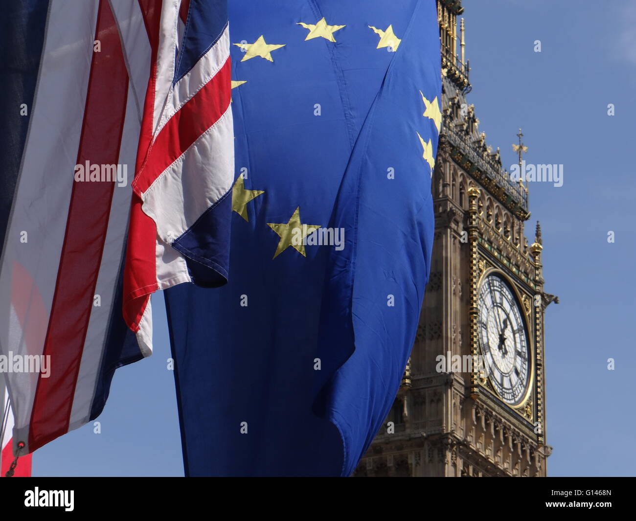 London, UK. 8th May, 2016. UK and EU flags in front of Big-Ben ...