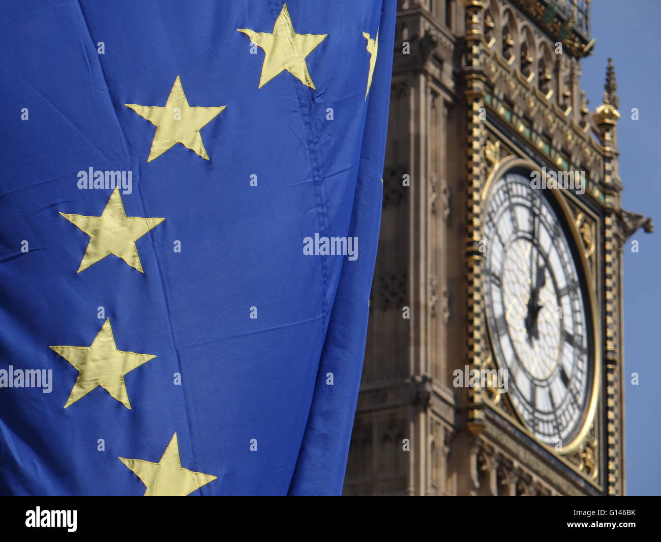 London, UK. 8th May, 2016. UK and EU flags in front of Big-Ben ...