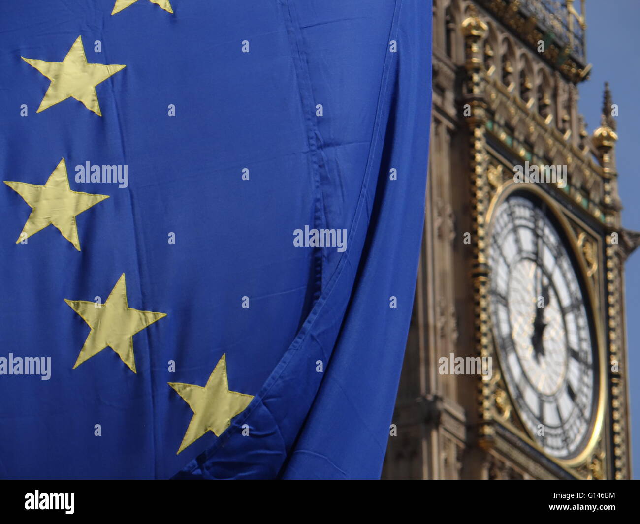 London, UK. 8th May, 2016. UK and EU flags in front of Big-Ben ...