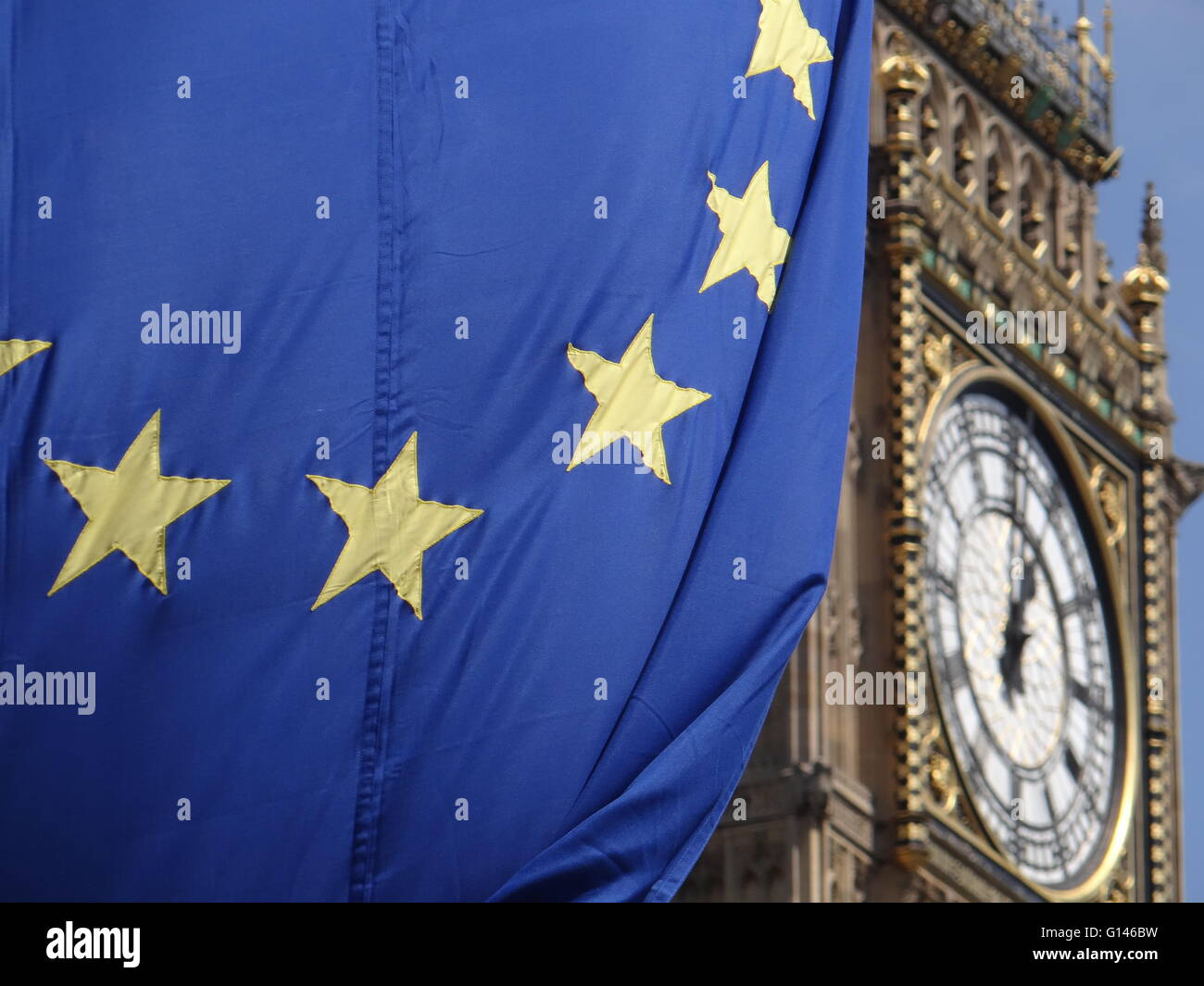London, UK. 8th May, 2016. UK and EU flags in front of Big-Ben ...