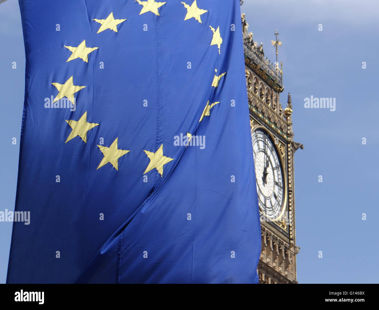 London, UK. 8th May, 2016. UK and EU flags in front of Big-Ben ...