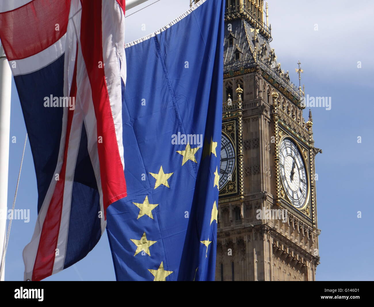 London, UK. 8th May, 2016. UK and EU flags in front of Big-Ben ...