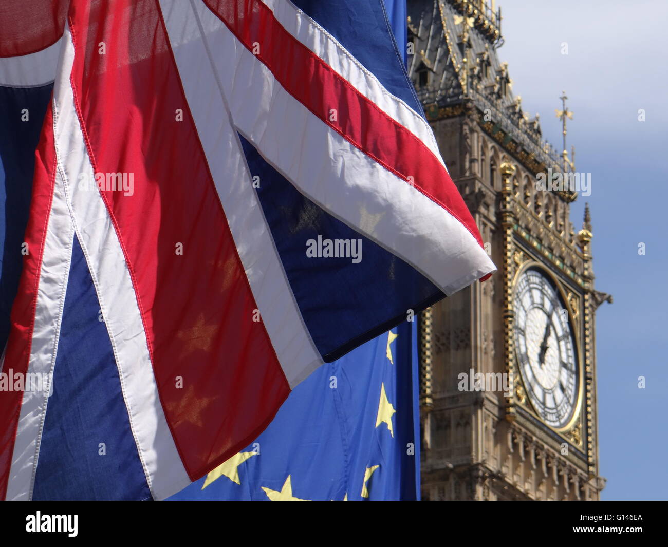 London, UK. 8th May, 2016. UK and EU flags in front of Big-Ben ...