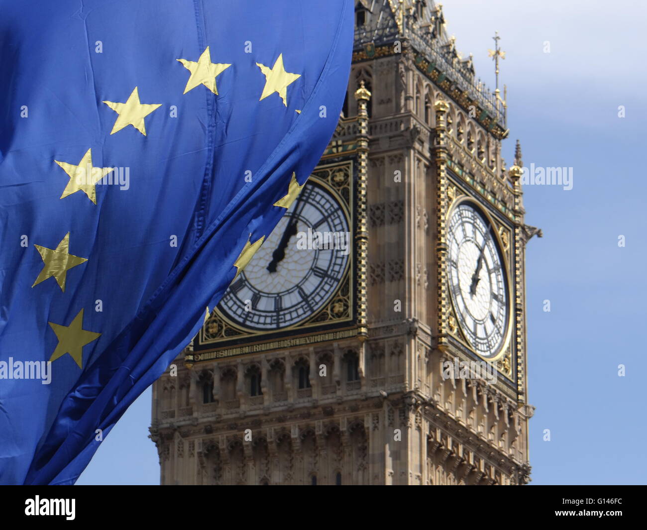 London, UK. 8th May, 2016. UK and EU flags in front of Big-Ben ...