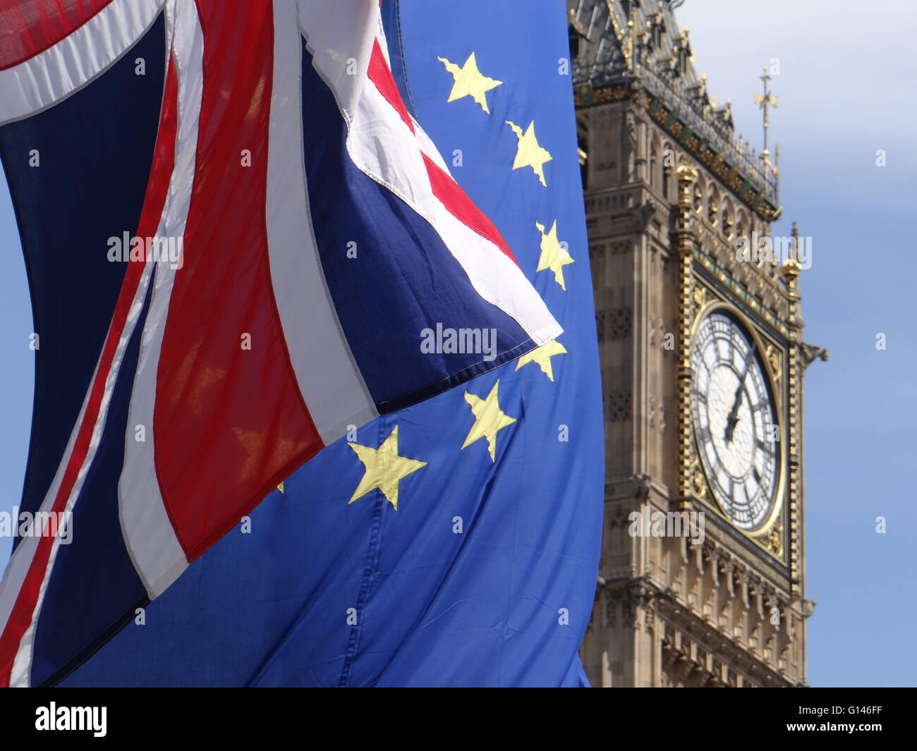 London, UK. 8th May, 2016. UK and EU flags in front of Big-Ben ...