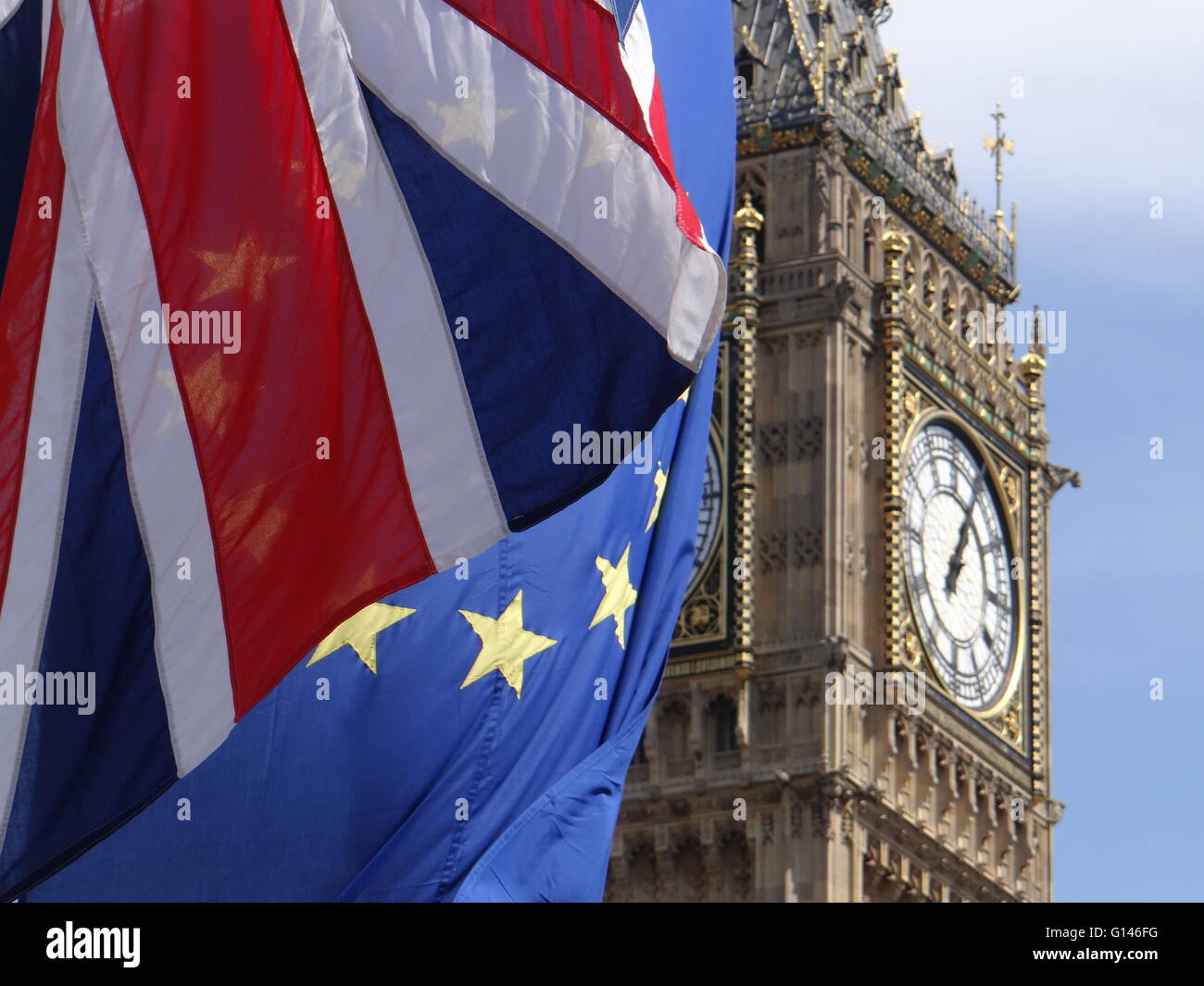 London, UK. 8th May, 2016. UK and EU flags in front of Big-Ben ...