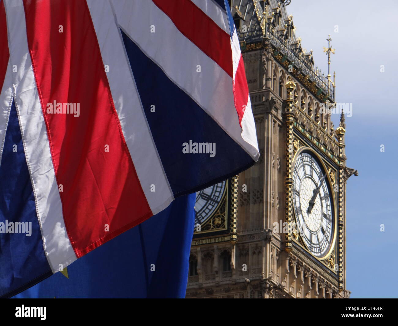 London, UK. 8th May, 2016. UK and EU flags in front of Big-Ben ...