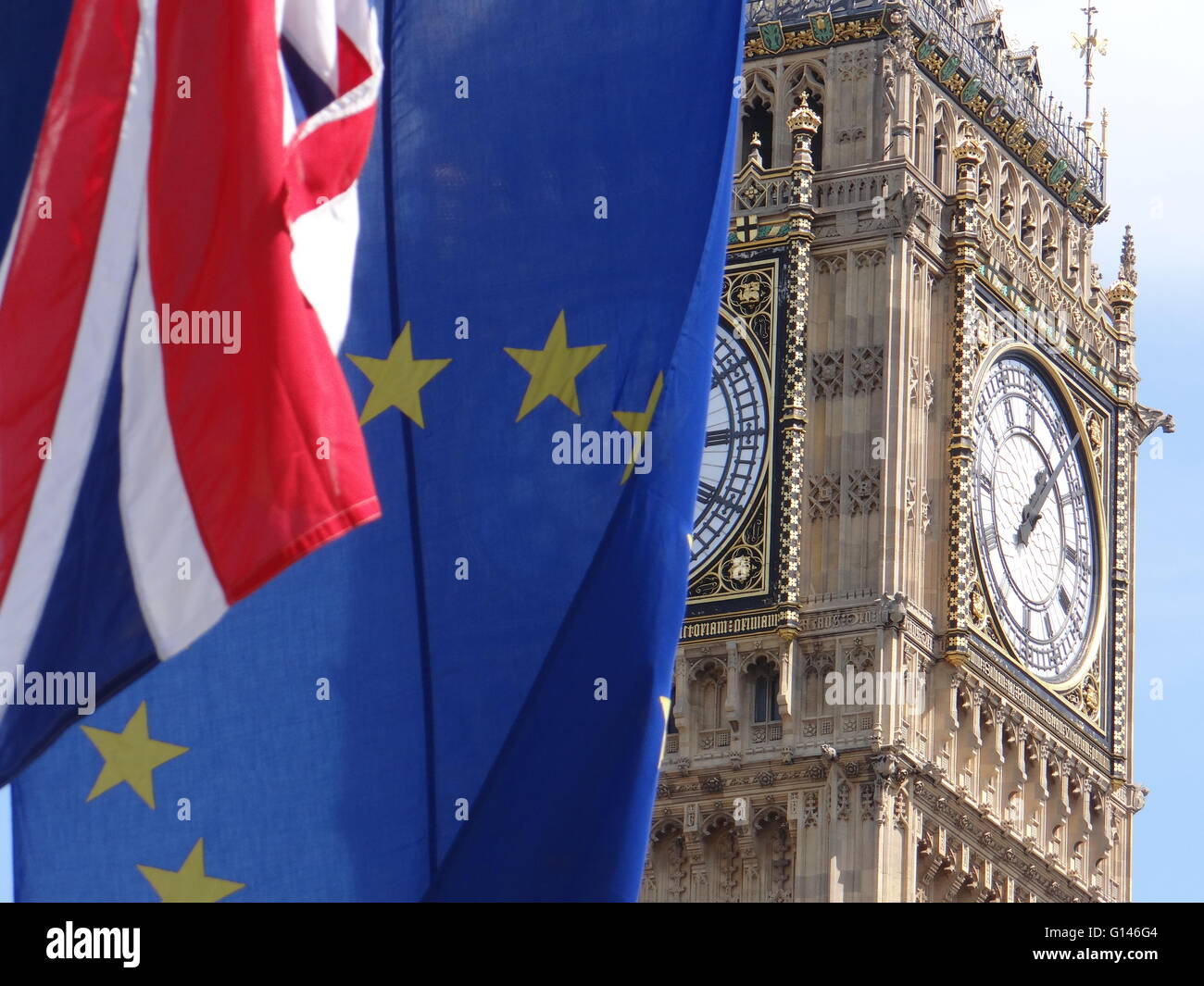 London, UK. 8th May, 2016. UK and EU flags in front of Big-Ben ...