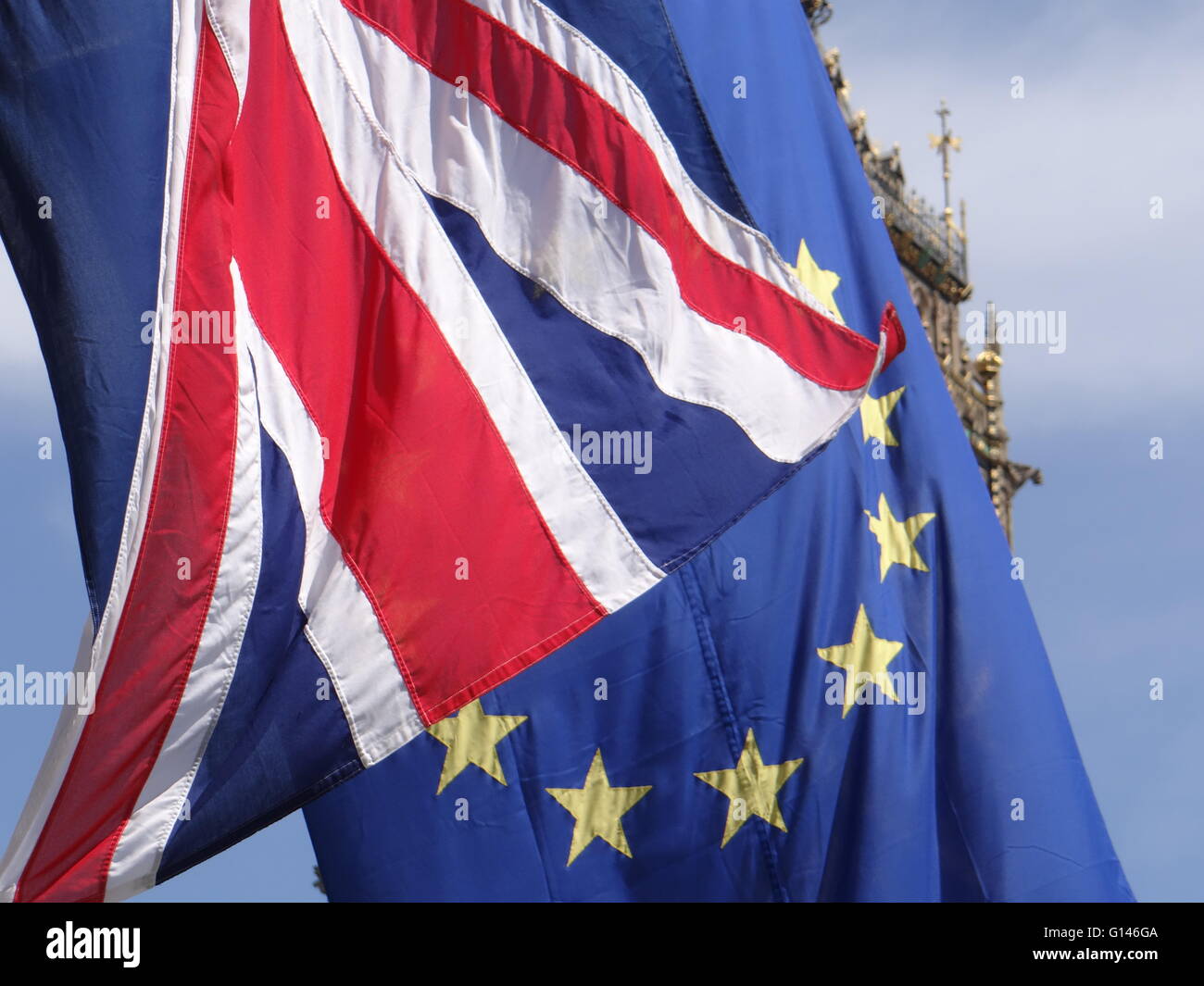 London, UK. 8th May, 2016. UK and EU flags in front of Big-Ben ...