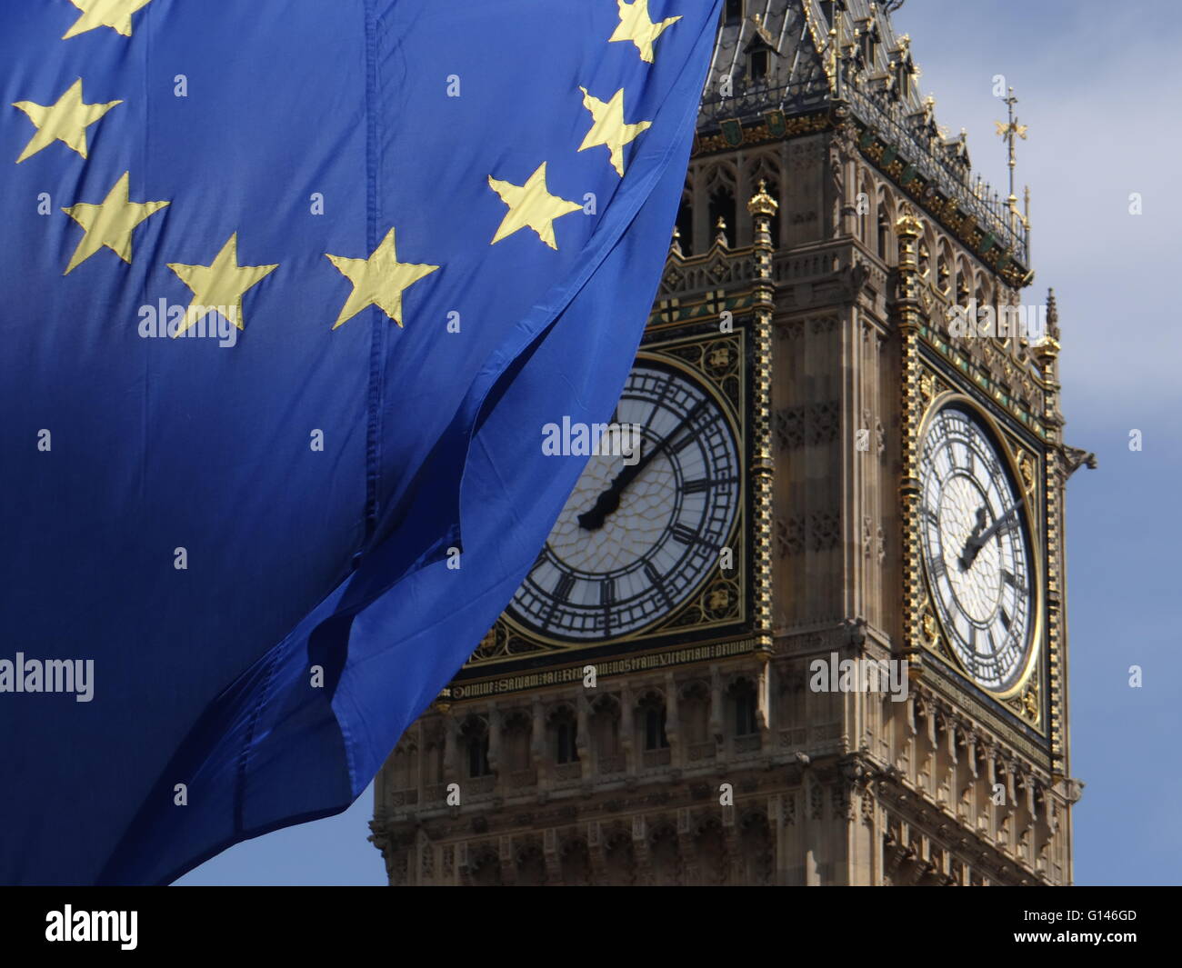 London, UK. 8th May, 2016. UK and EU flags in front of Big-Ben ...