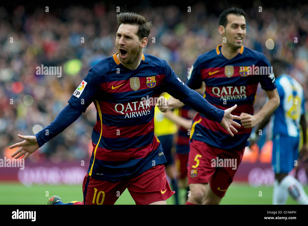 Barcelona, Spain. 8th May, 2016. FC Barcelona's Lionel Messi celebrates ...