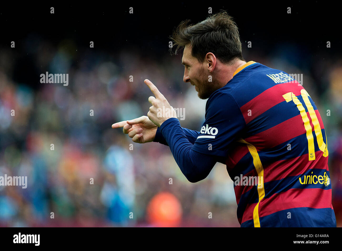 Barcelona, Spain. 8th May, 2016. FC Barcelona's Lionel Messi celebrates ...