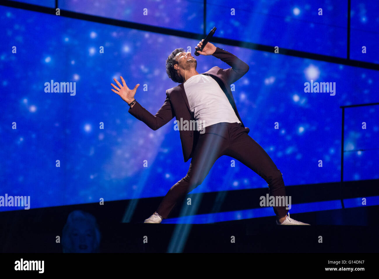 Stockholm, Sweden. 8th May. Singer Amir from France is rehearsing his ...