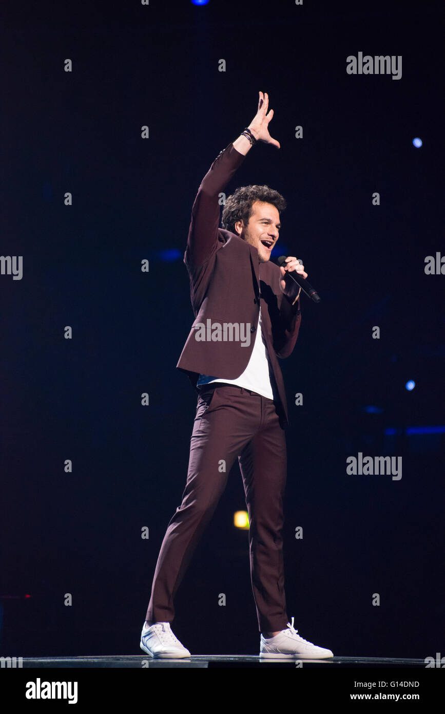 Stockholm, Sweden. 8th May. Singer Amir from France is rehearsing his ...