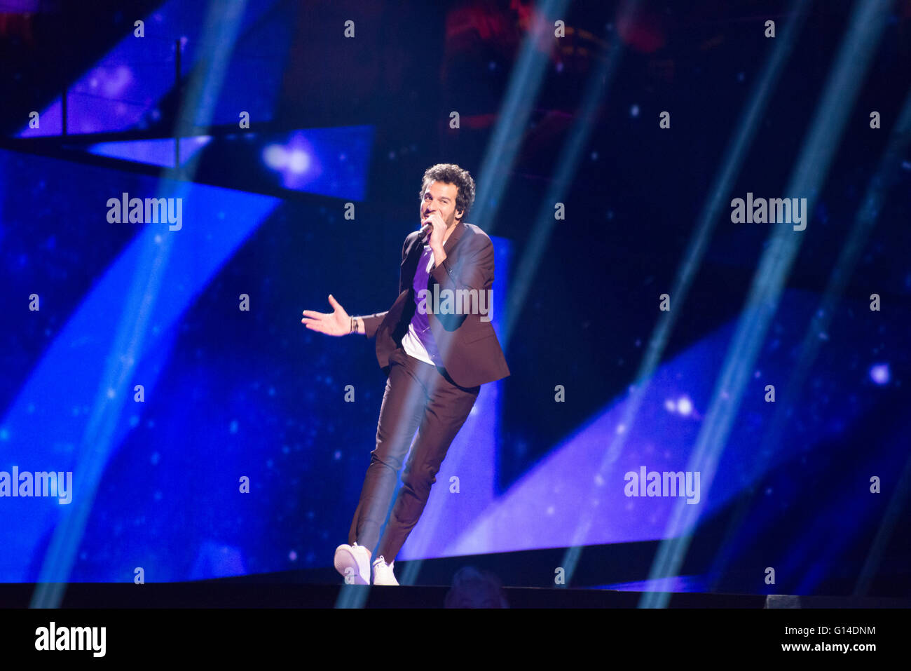 Stockholm, Sweden. 8th May. Singer Amir from France is rehearsing his ...