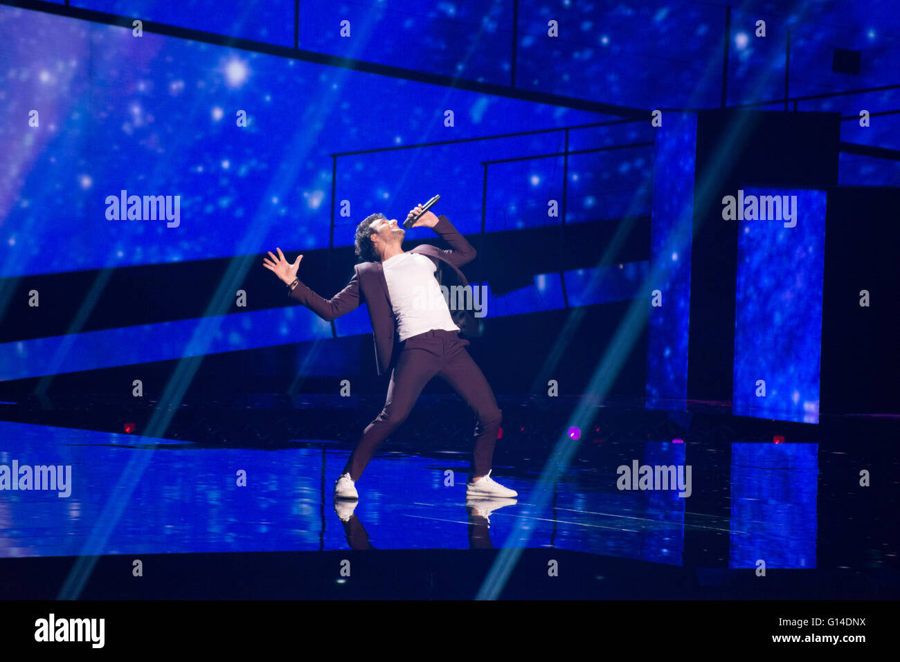 Stockholm, Sweden. 8th May. Singer Amir from France is rehearsing his ...