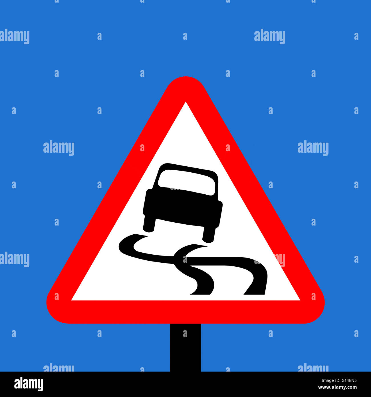 Warning triangle Slippery road traffic sign Stock Photo - Alamy