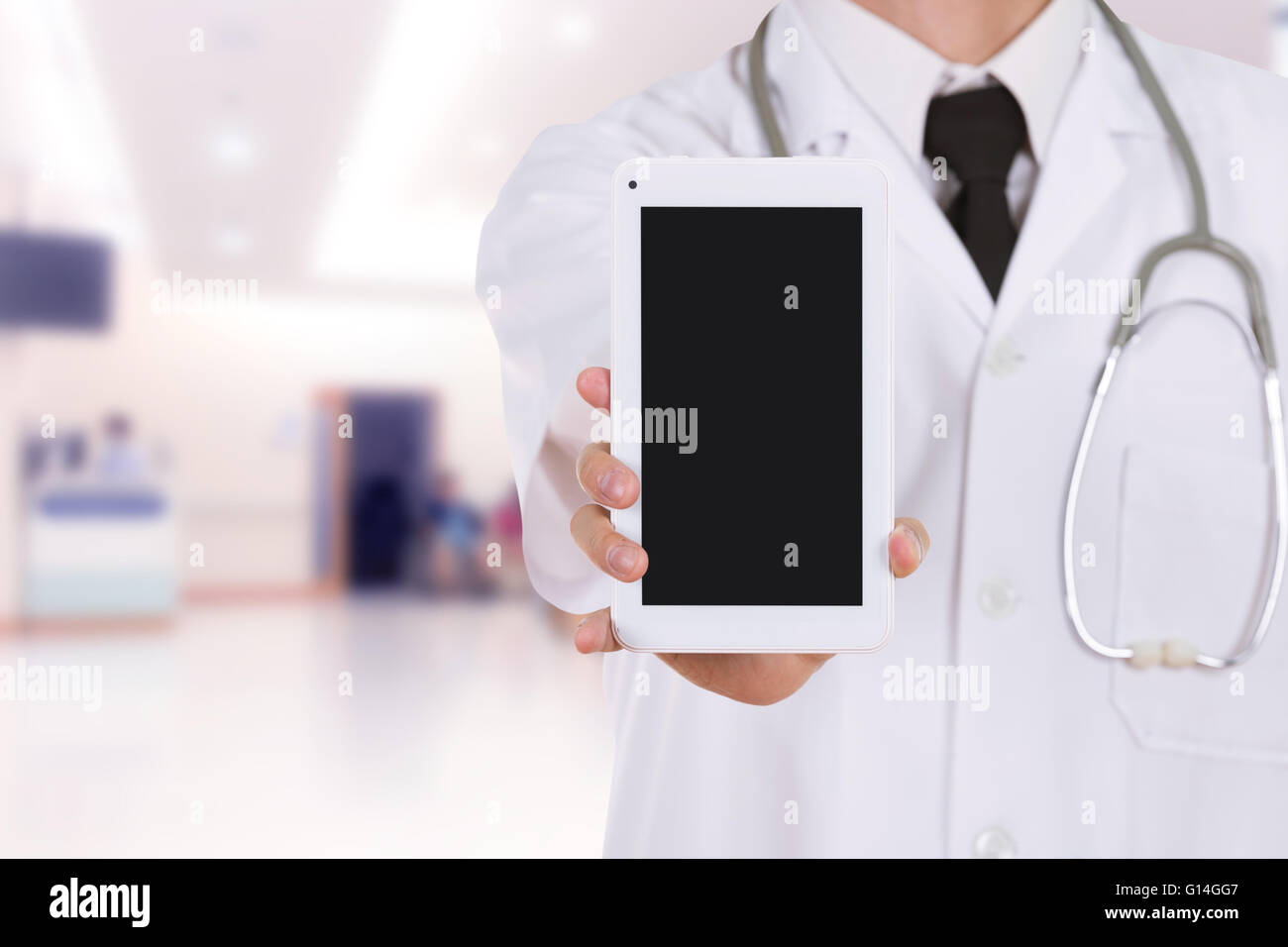 close-up doctor showing tablet computer blank screen in hospital Stock ...