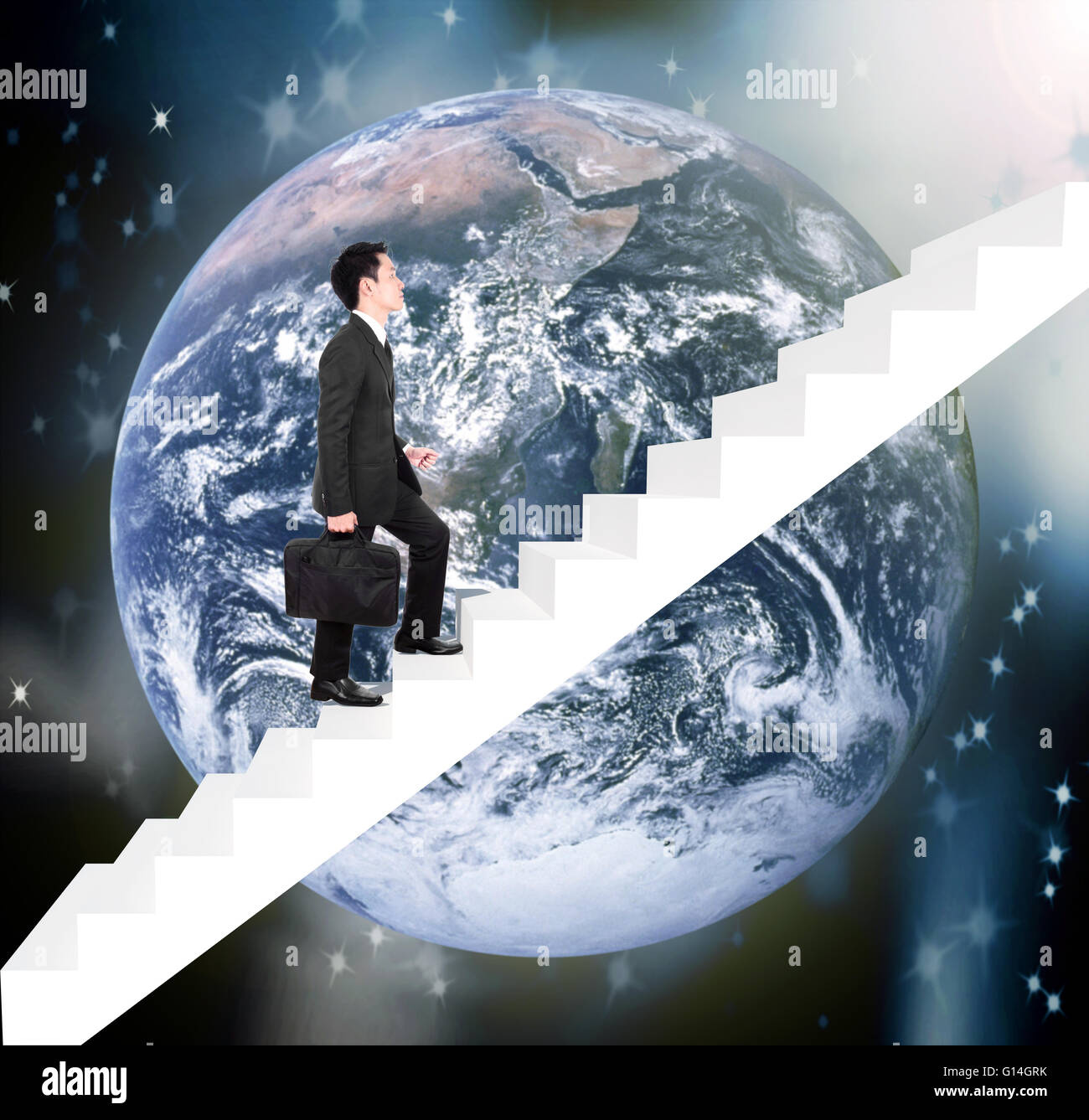 Business man stepping up on stairs with earth background. Elements of ... Business man stepping up on stairs with earth background. Elements of ...