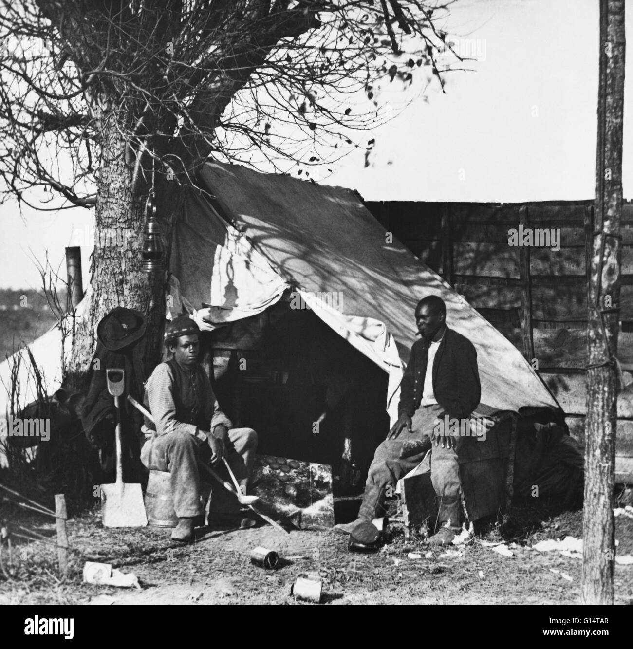 A portrait of two black soldiers, former southern slaves, who have ...