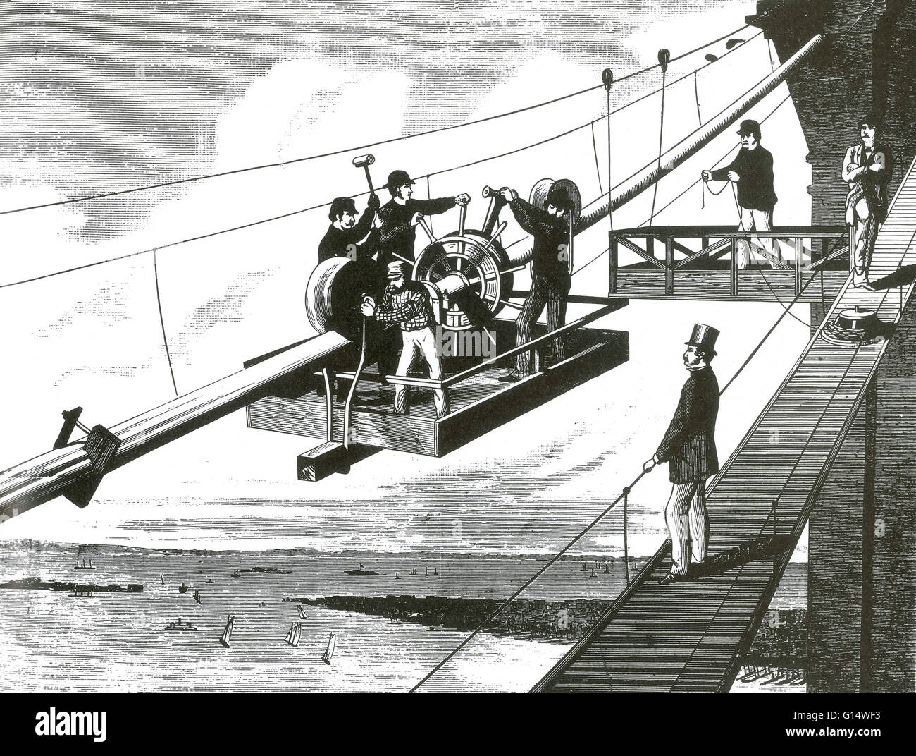 Braiding the suspension cables. The Brooklyn Bridge is one of the ...