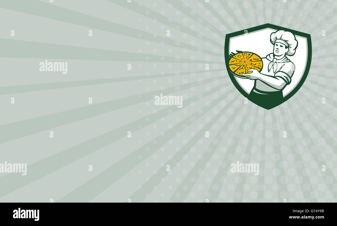 Business card showing illustration of a pizza chef baker holding pizza ...