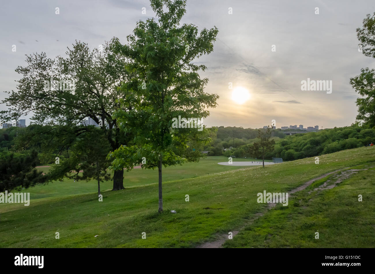 Skyline of Toronto, Canada, with sunset in the spring from Riverdale ...