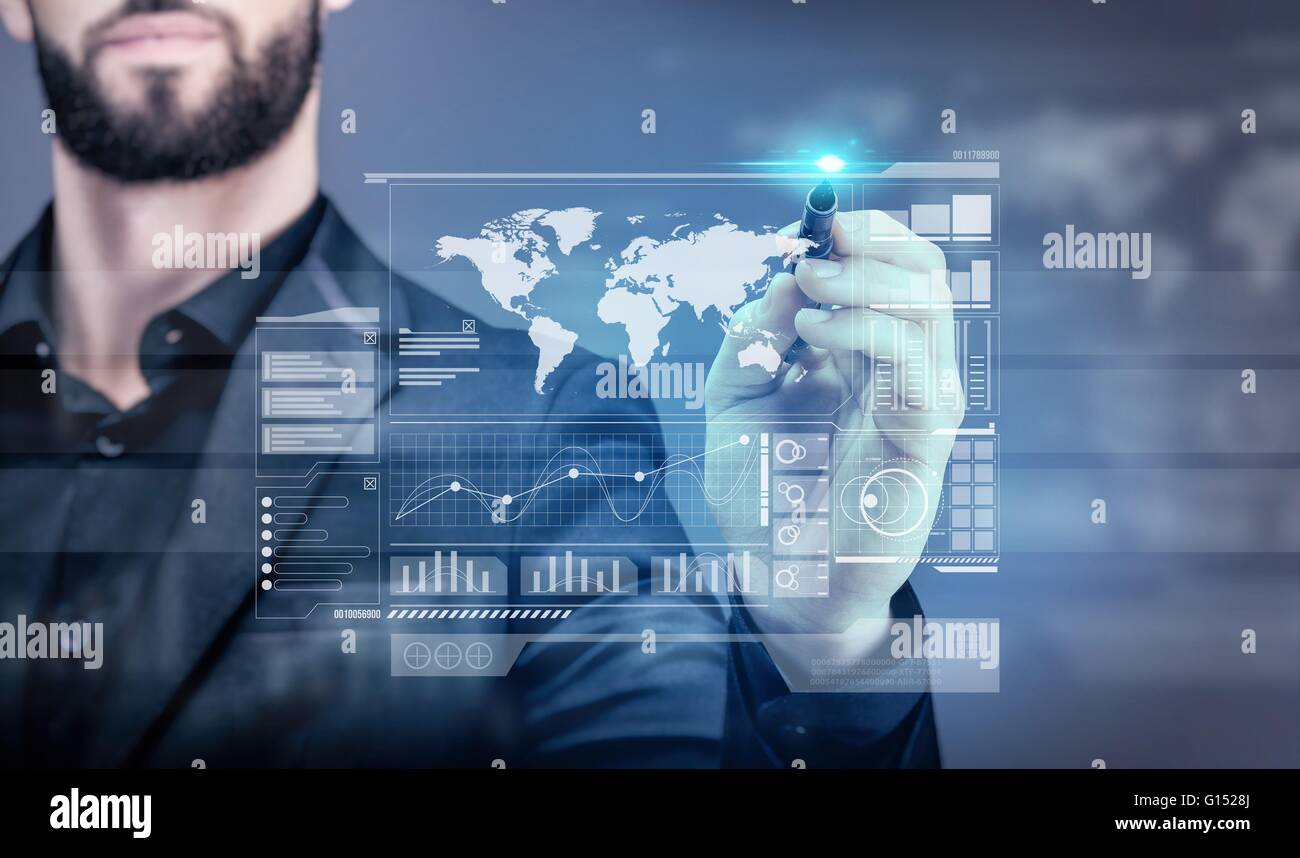 Young business man writing on a virtual screen Stock Photo - Alamy