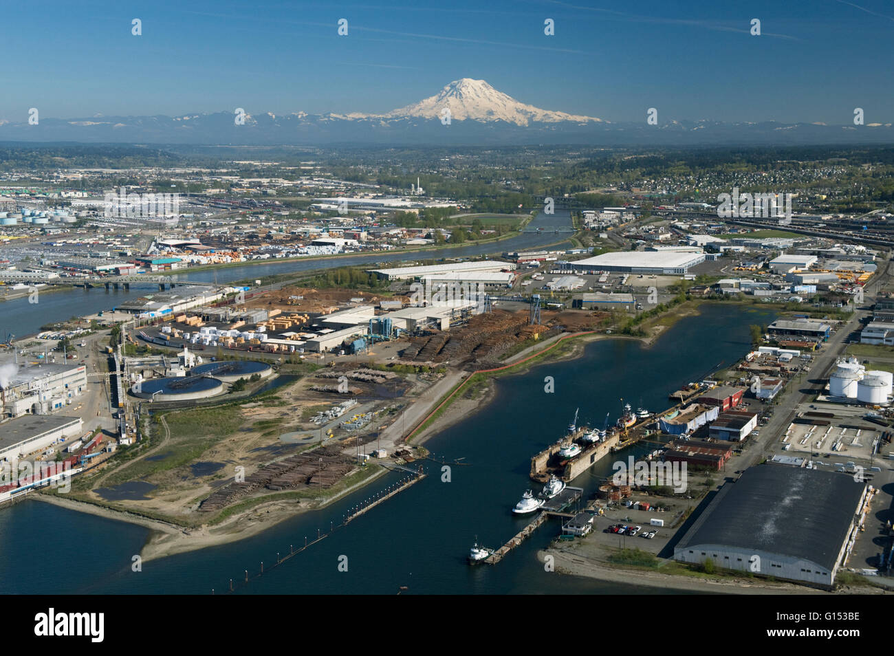 Mt. Rainier, 14410 feet high, Volcano looms above Commencement Bay ...