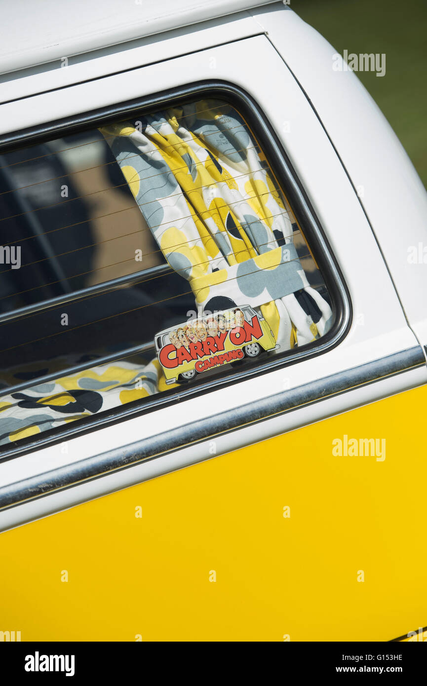 Carry on camping sticker in the window of a VW Volkswagen camper van ...