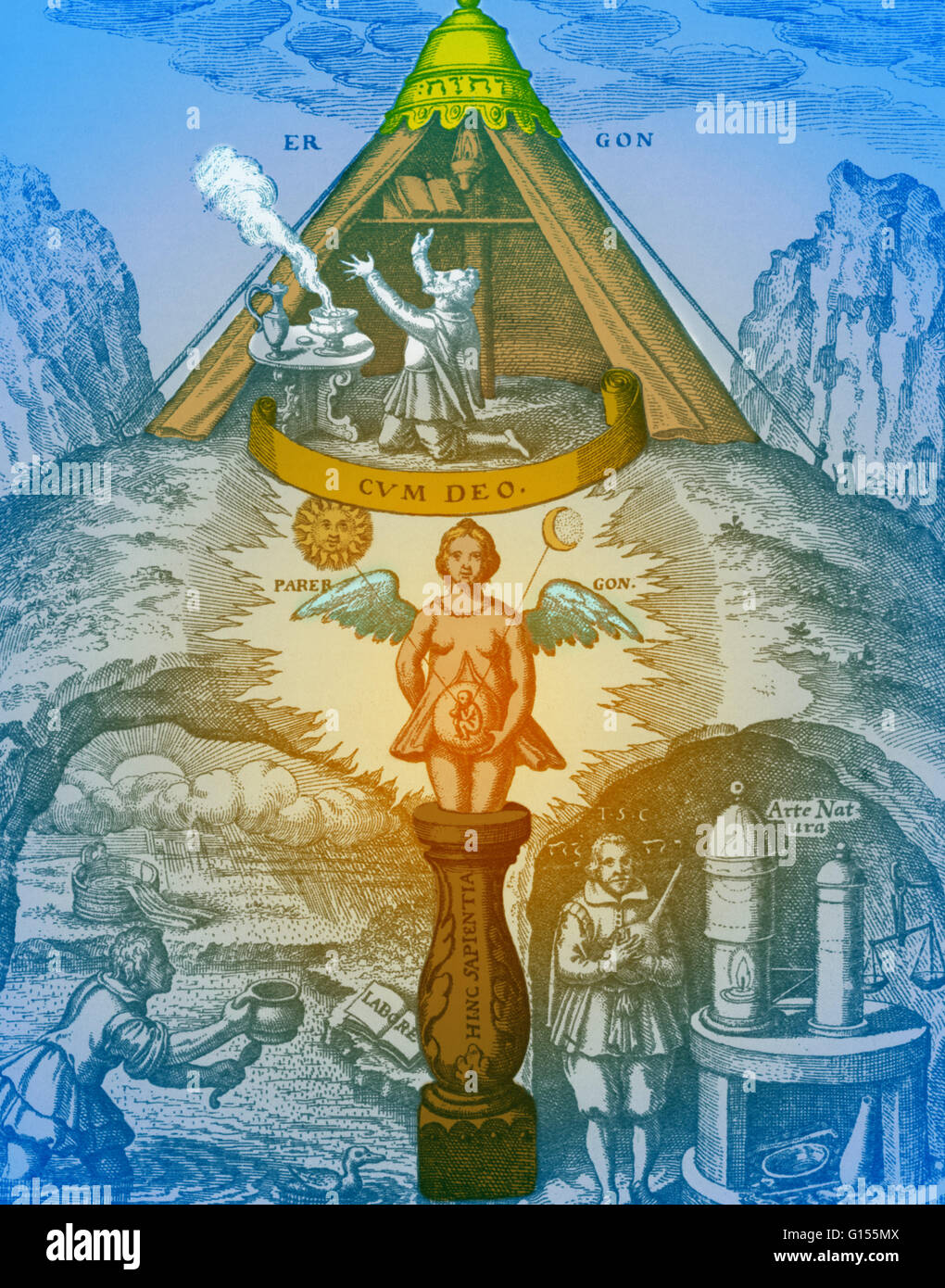 "A man is being made". Medieval engraving depicting alchemy and ...