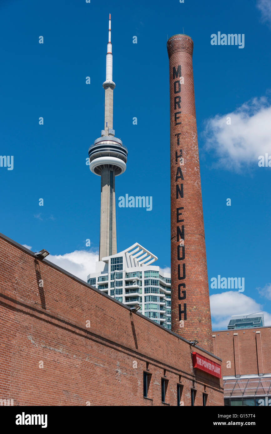 CN Tower and the Power Plant smokestack, Toronto, Ontario, Canada Stock ...