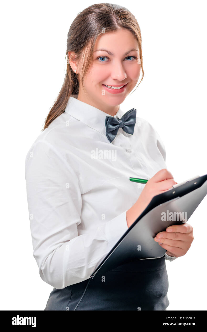 isolated portrait of a happy waitress with notepad Stock Photo - Alamy