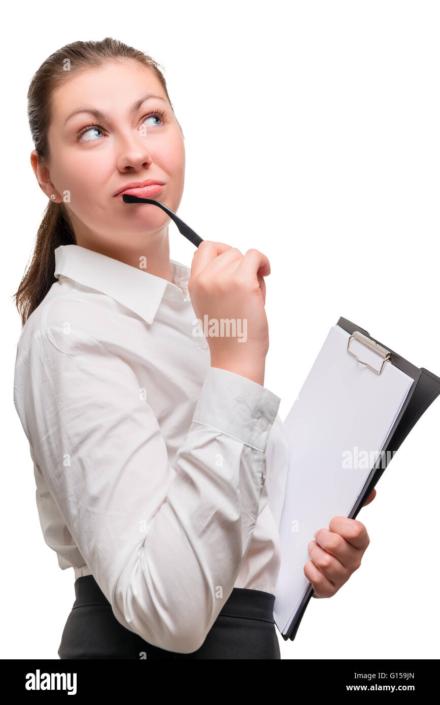 Pensive beautiful secretary with folder in hand isolated Stock Photo ...