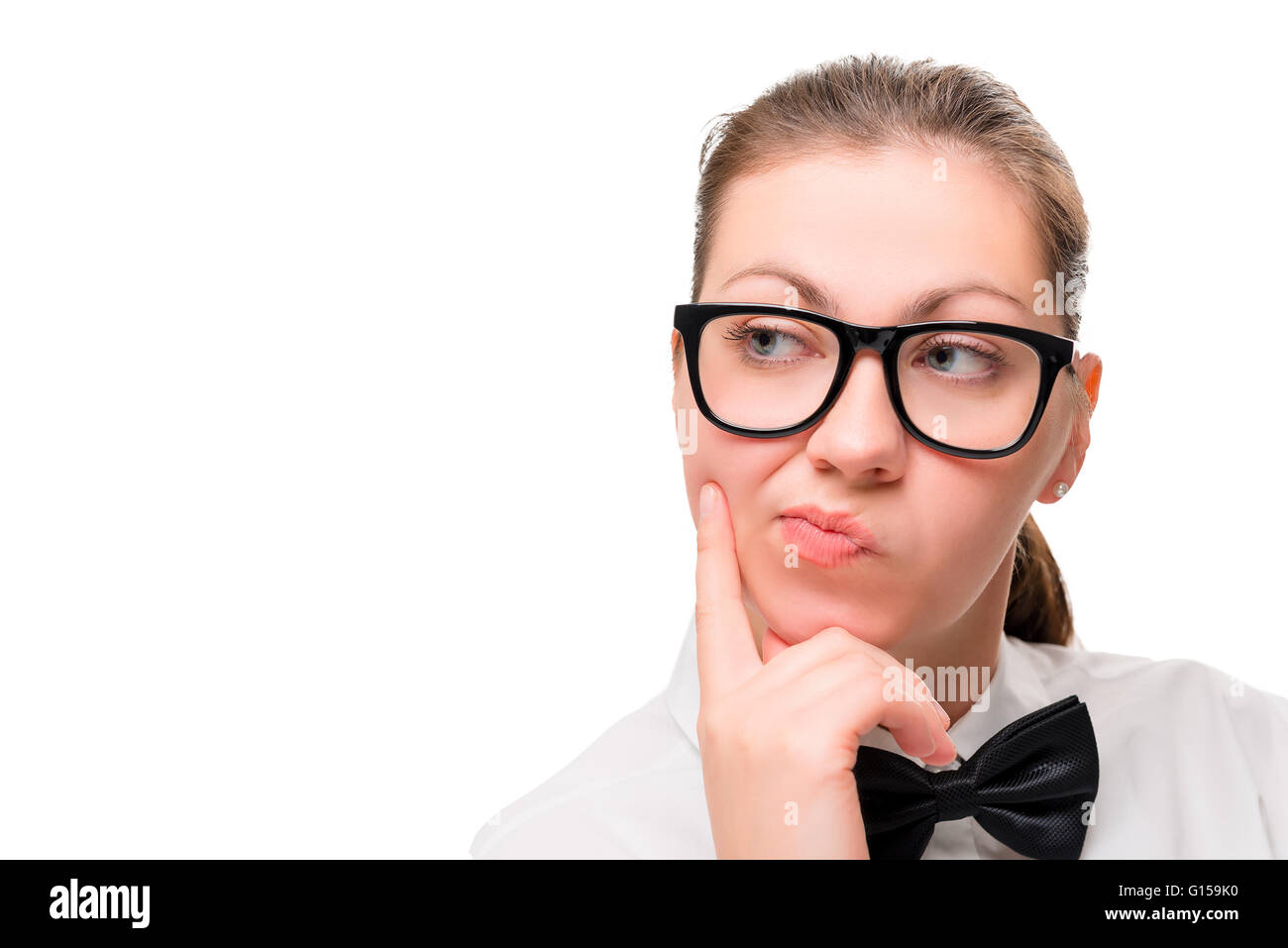 woman's face in close-up thinking on white background Stock Photo - Alamy