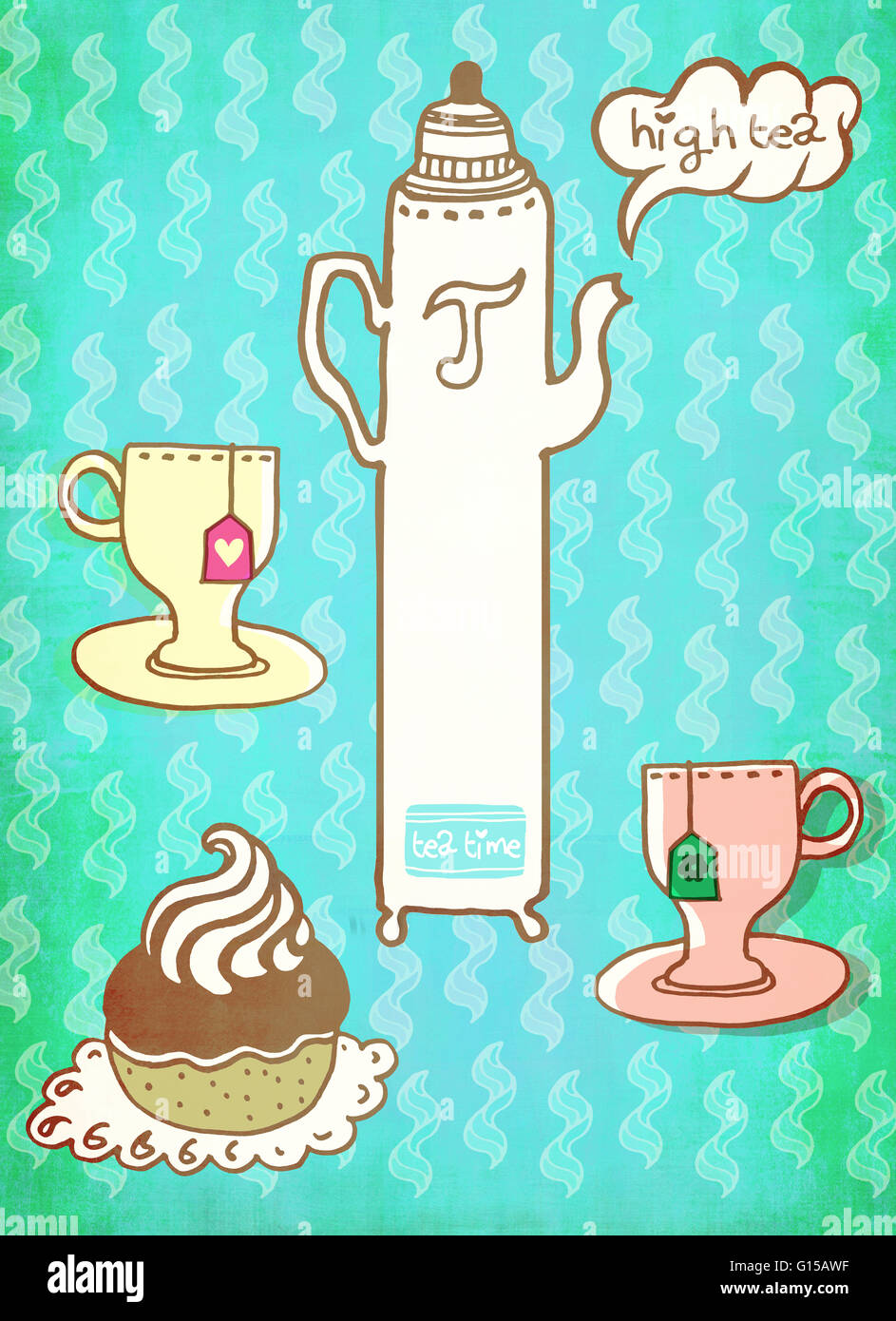 drawing of traditional afternoon high tea with cake, pastries cups and ...