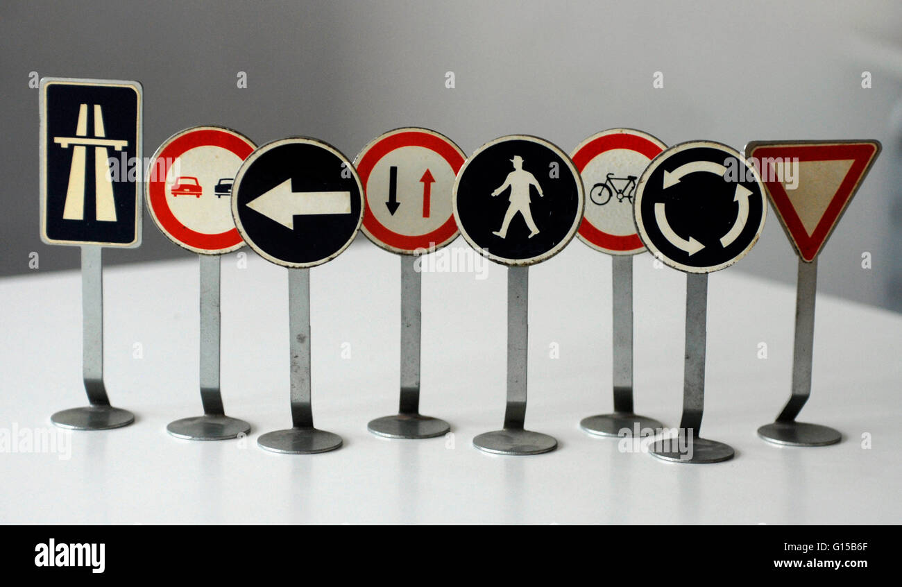 Set of vintage miniature metal road signs Stock Photo - Alamy