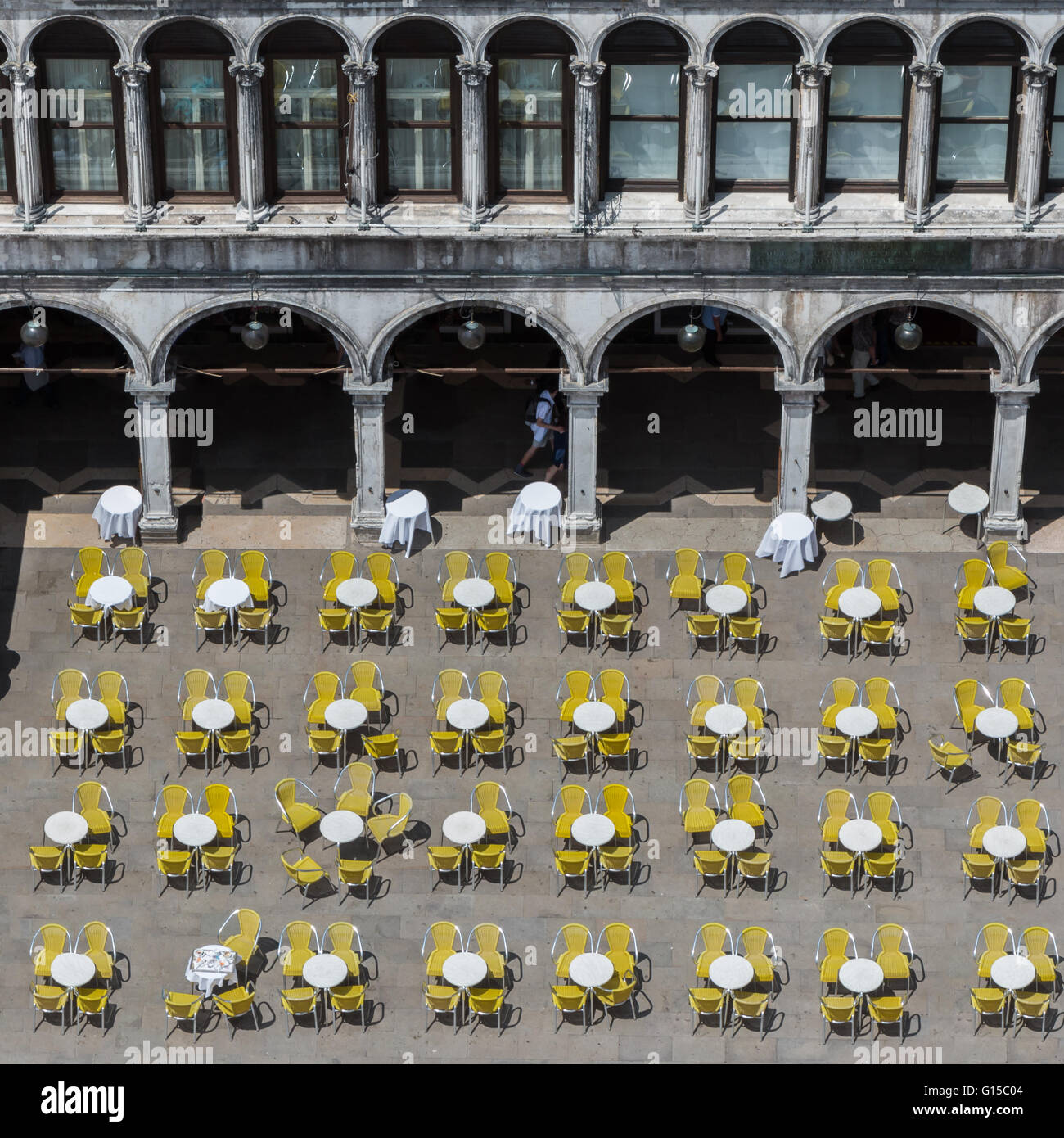 Red and Yellow Chairs and Round Tables Aerial View on Famous Saint Mark ...