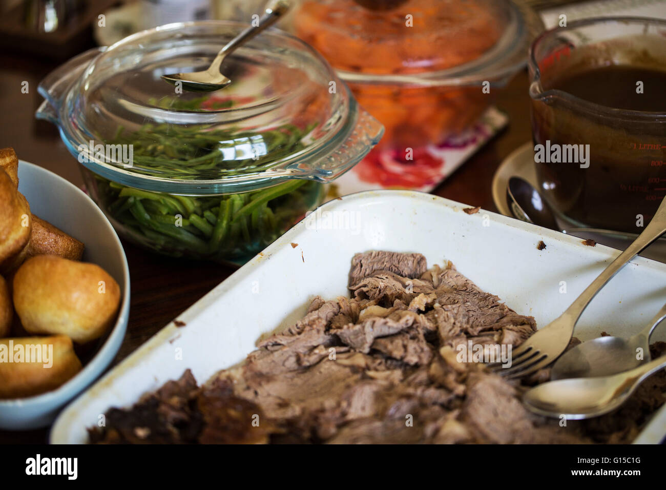Traditional Roast Beef Family Sunday Lunch With Vegetables and Gravy ...