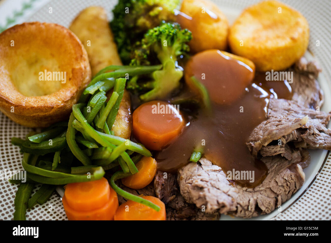 Traditional Roast Beef Family Sunday Lunch Served on a Plate Stock ...